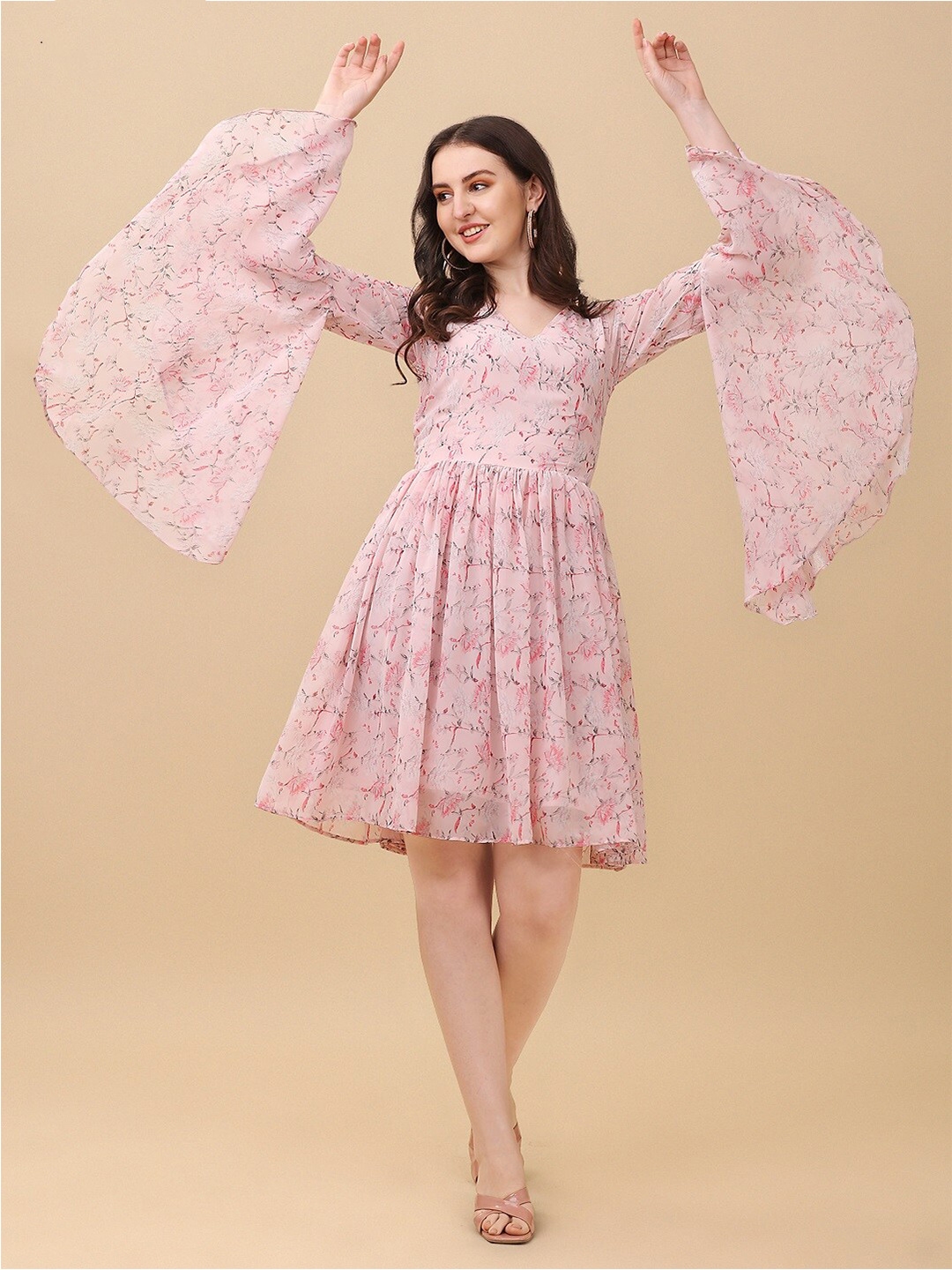 Buy Kalini Floral Printed Bell Sleeve Georgette Fit And Flare Dress