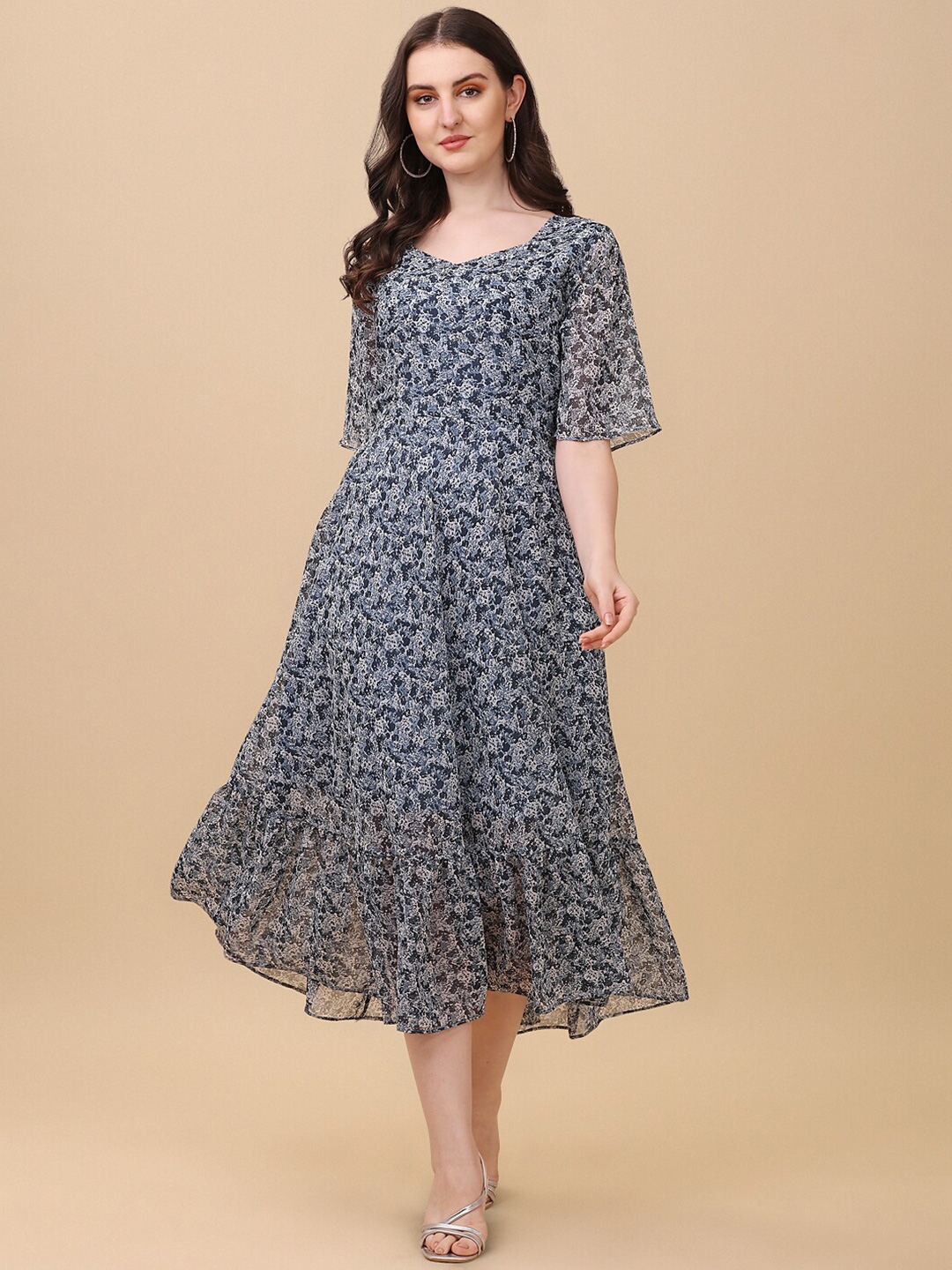 Buy Kalini Floral Printed Flared Sleeves Georgette Fit And Flare Midi