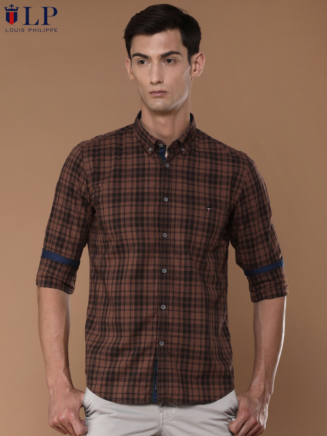 Buy Louis Philippe Sport Men Brown Super Slim Fit Checked Casual Shirt ...