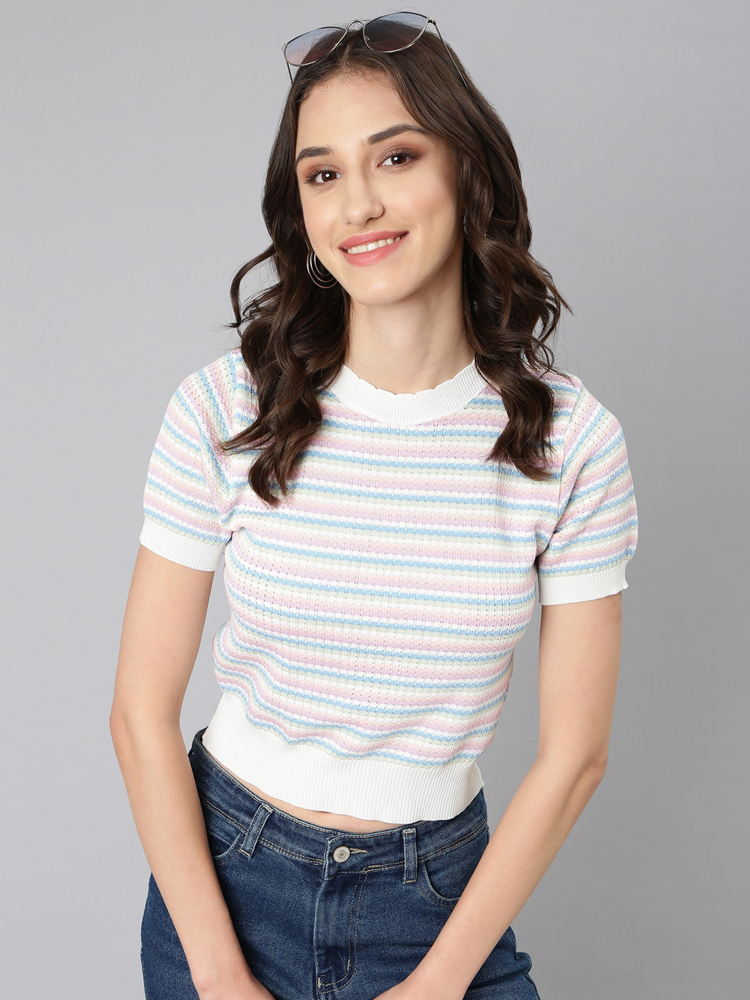 Buy SHOWOFF Horizontal Striped Round Neck Candy Stripes Fitted Crop Top ...