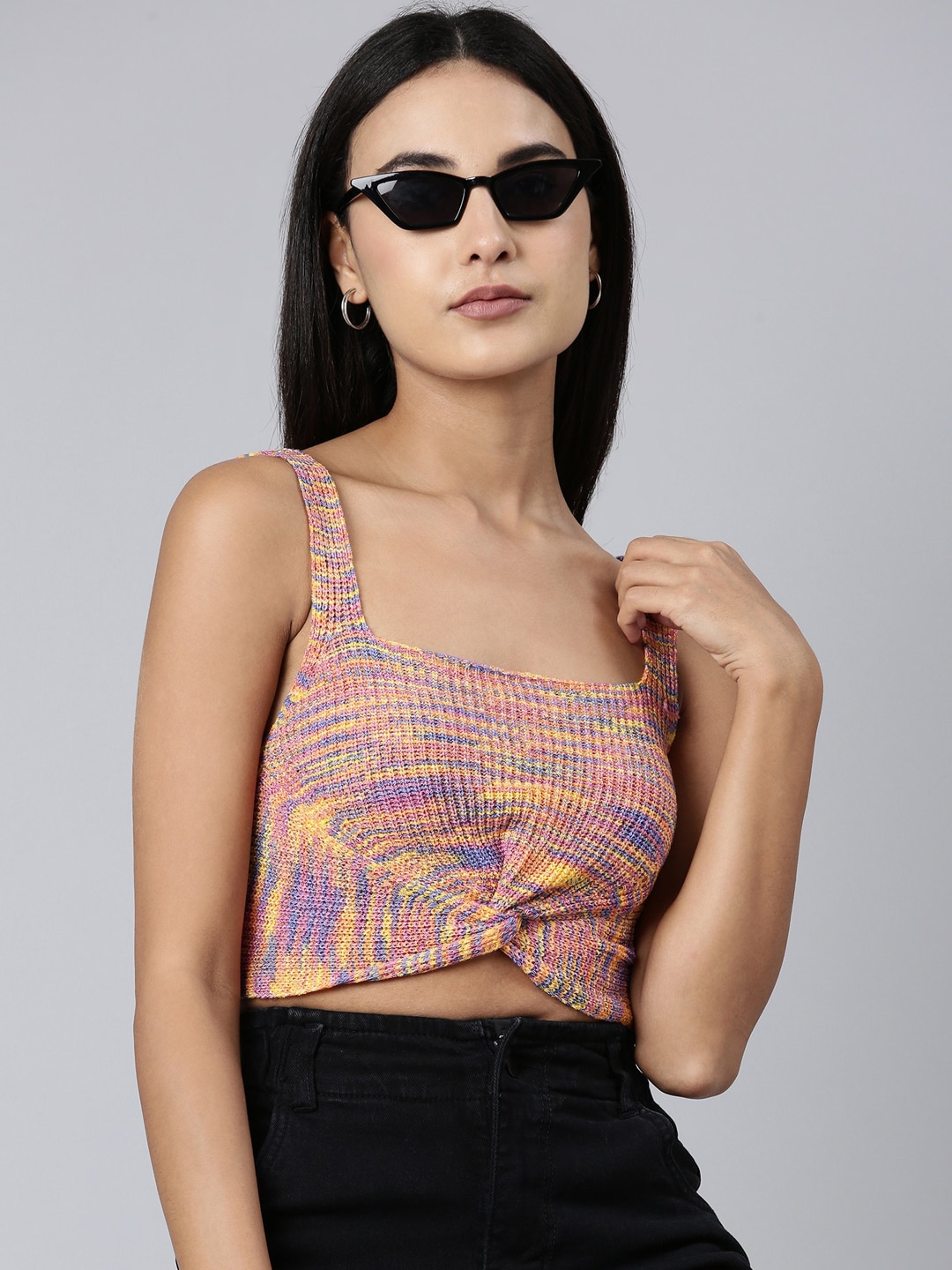 Buy Showoff Self Design Shoulder Straps Twisted Knits Fitted Crop Top