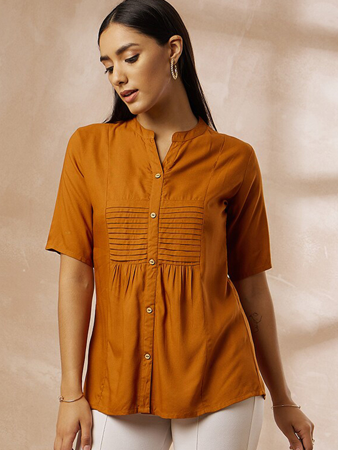 Buy All About You Mandarin Collar Pintuck Cotton Top - Tops for Women ...