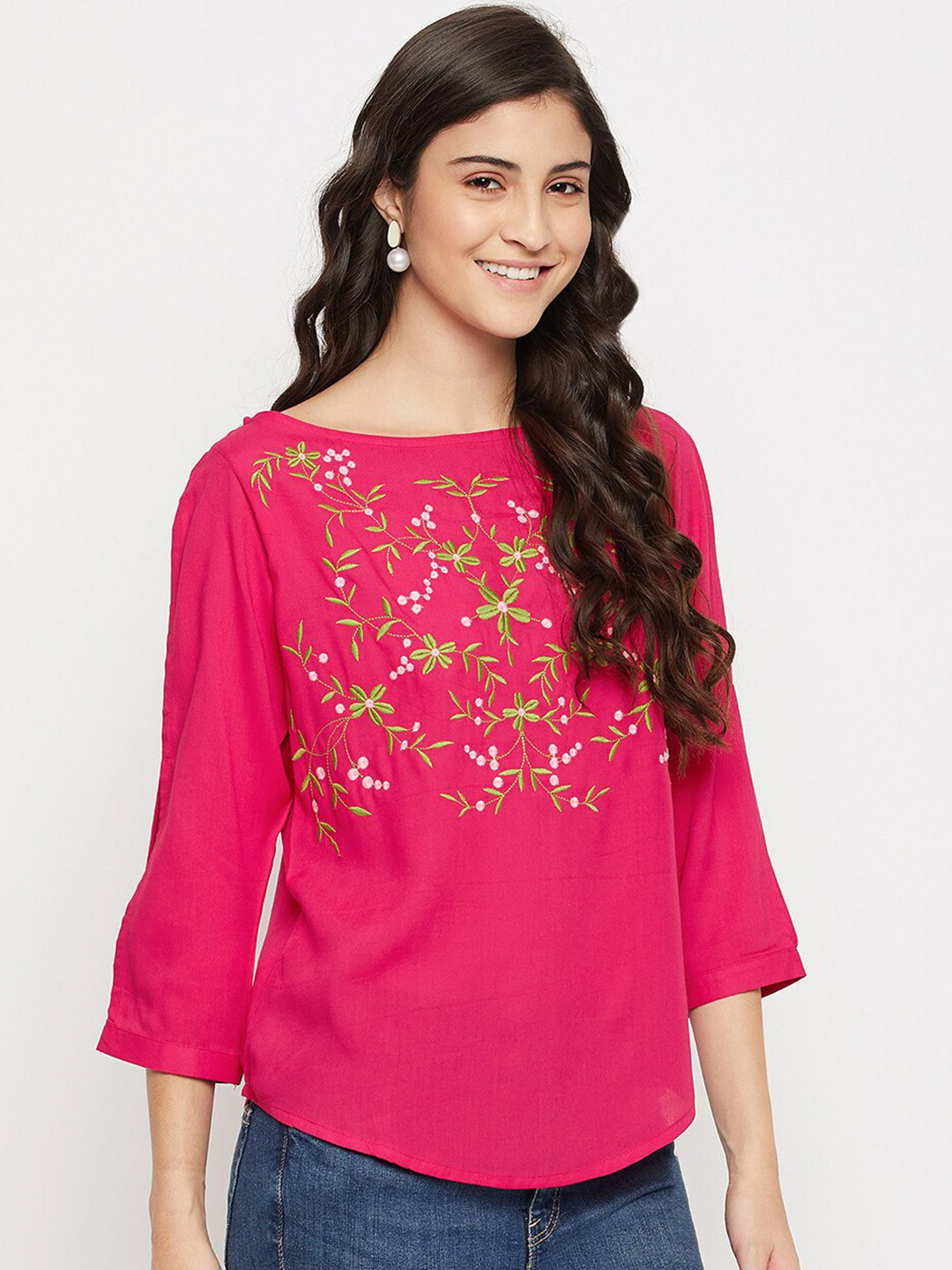 Buy BAESD Floral Embroidered Slit Sleeves Regular Top - Tops for Women ...