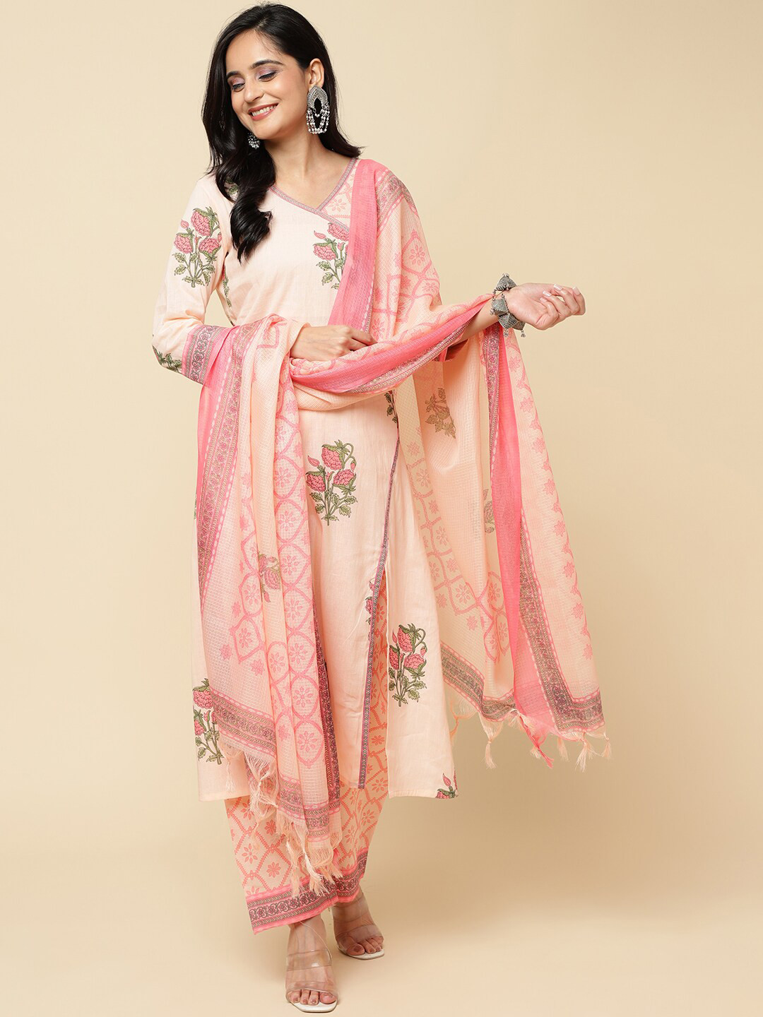 Buy Royal Export Ethnic Motifs Printed V Neck A Line Kurta & Trousers ...
