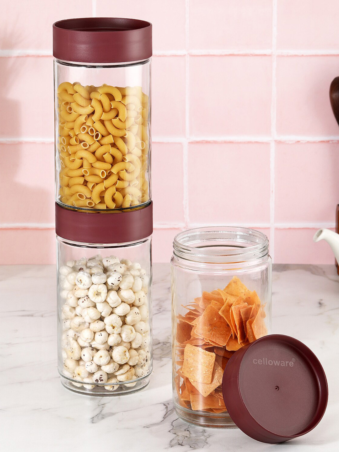 Buy Cello Modustack 3 Pieces Maroon Storage Glass Containers 2000ml ...