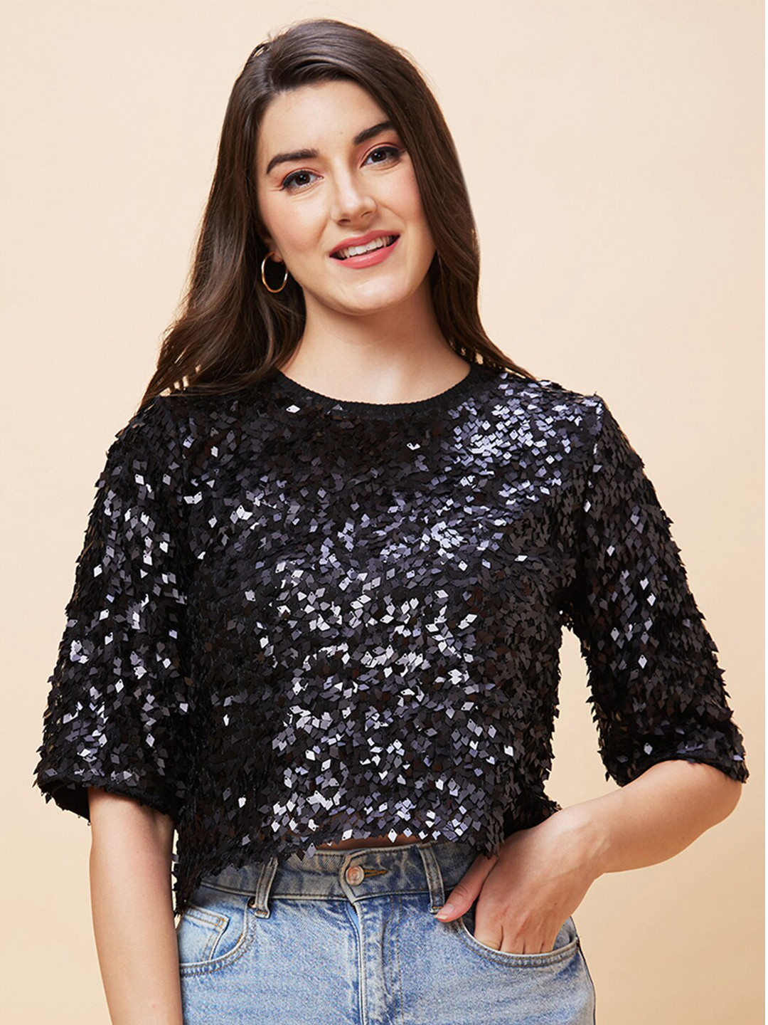Buy Globus Black Embellished Sequinned Detailed Crop Top - Tops for ...