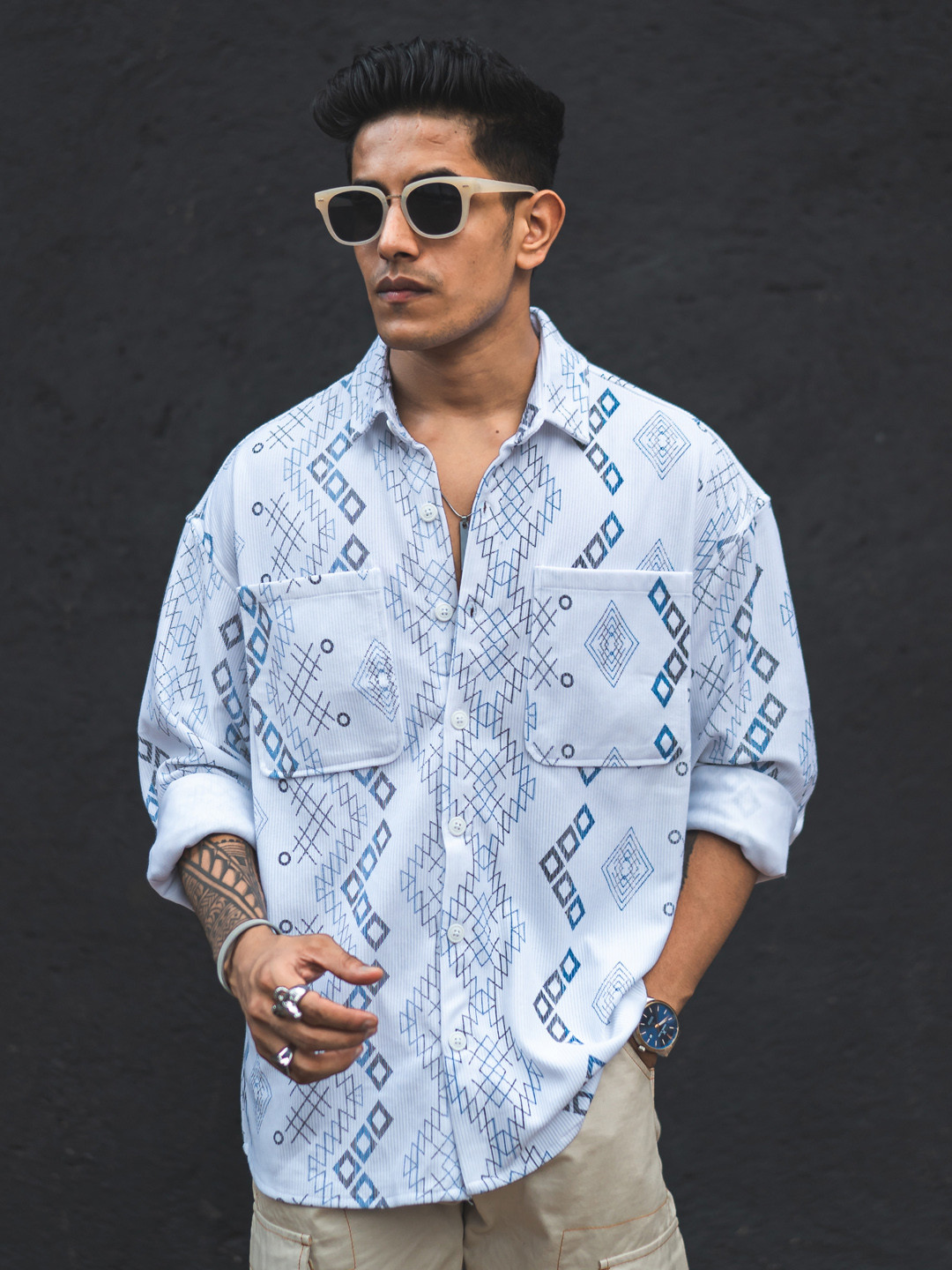 Buy Powerlook White India Slim Oversized Geometric Printed Casual Shirt ...