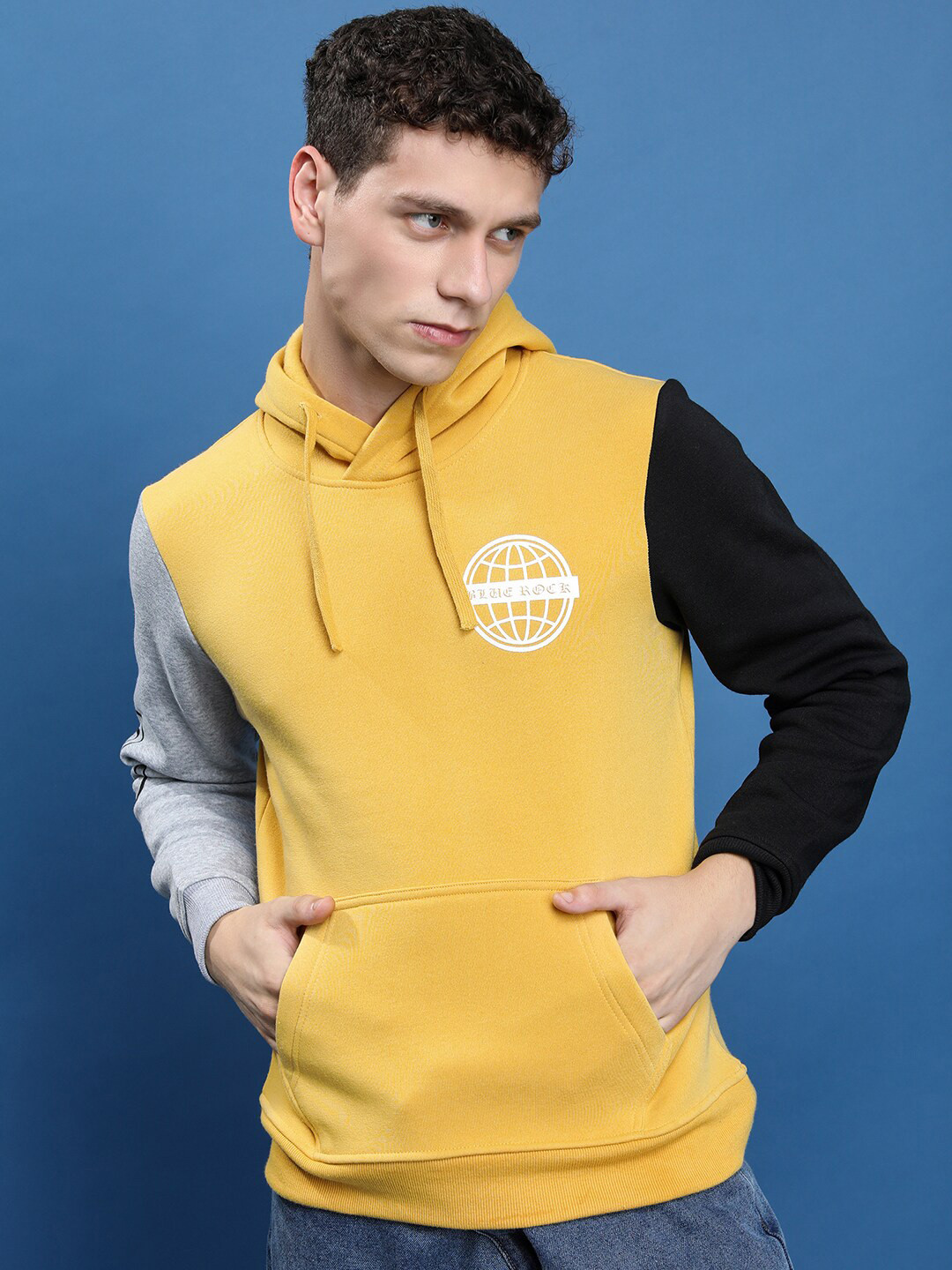 Buy HIGHLANDER Men Yellow Colourblocked Hooded Pullover Sweatshirt ...