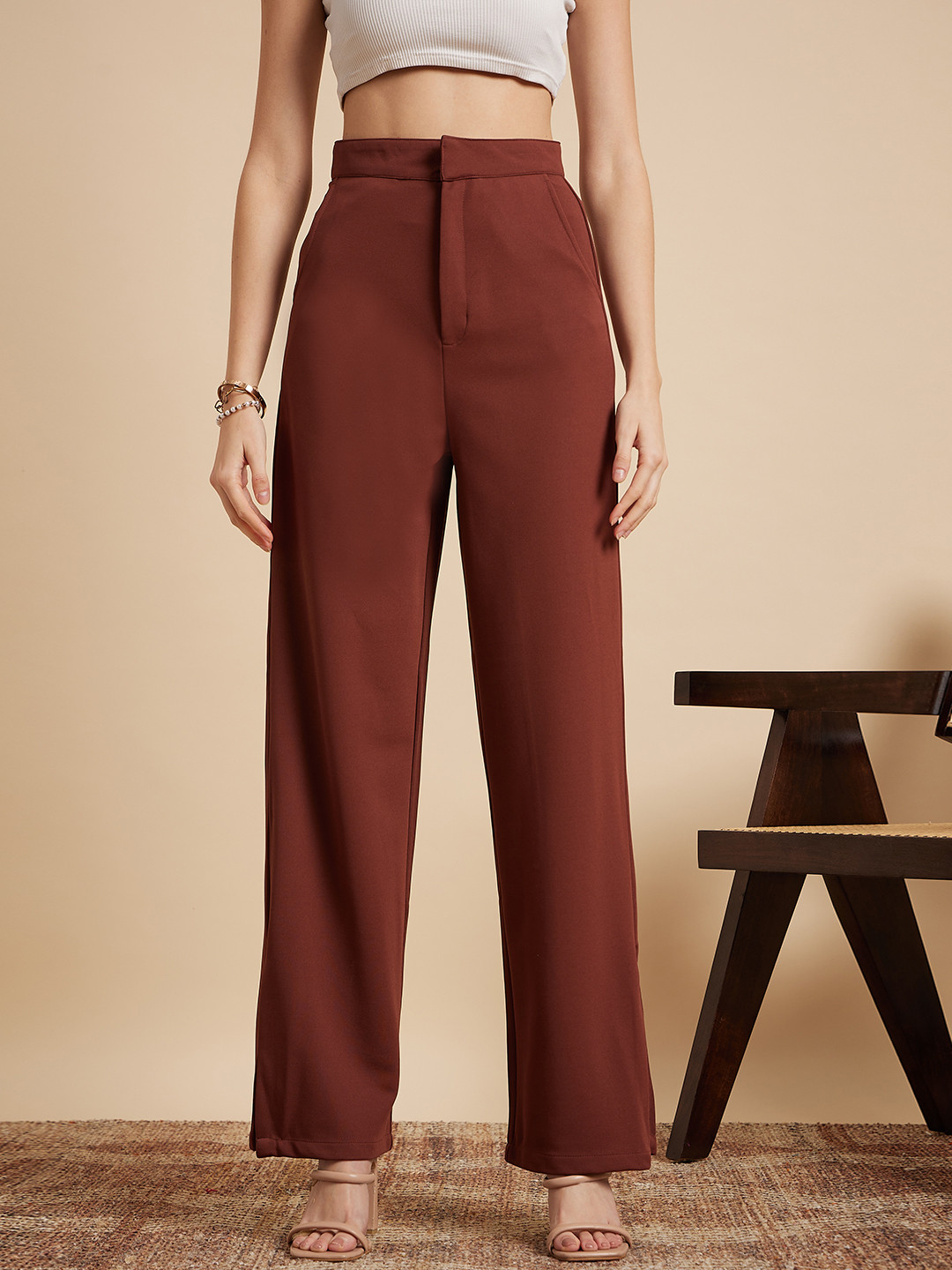 Buy MINT STREET Women Brown Tailored Straight Fit Parallel Trousers ...