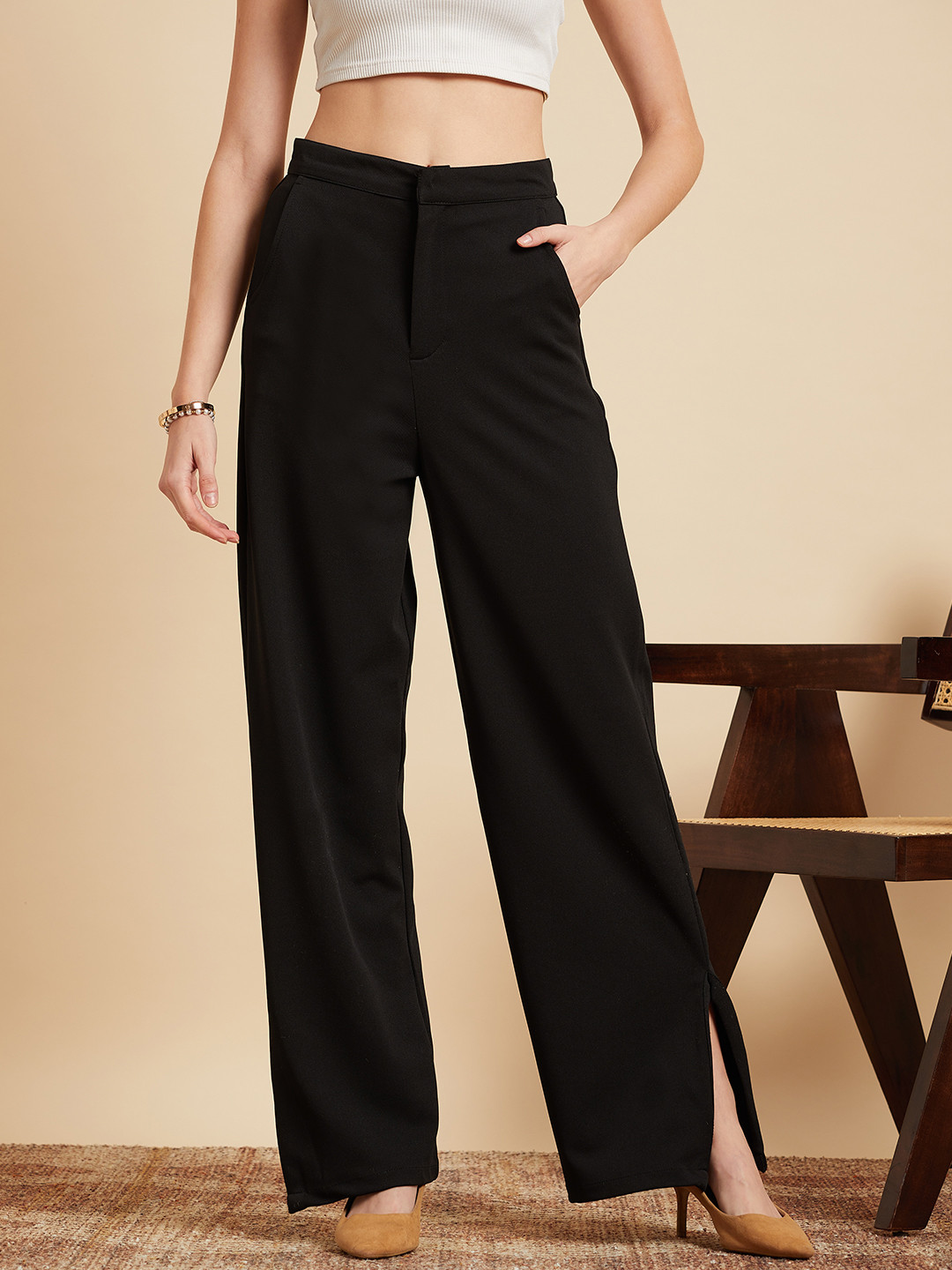 Buy MINT STREET Women Black Tailored Straight Fit Parallel Trousers ...