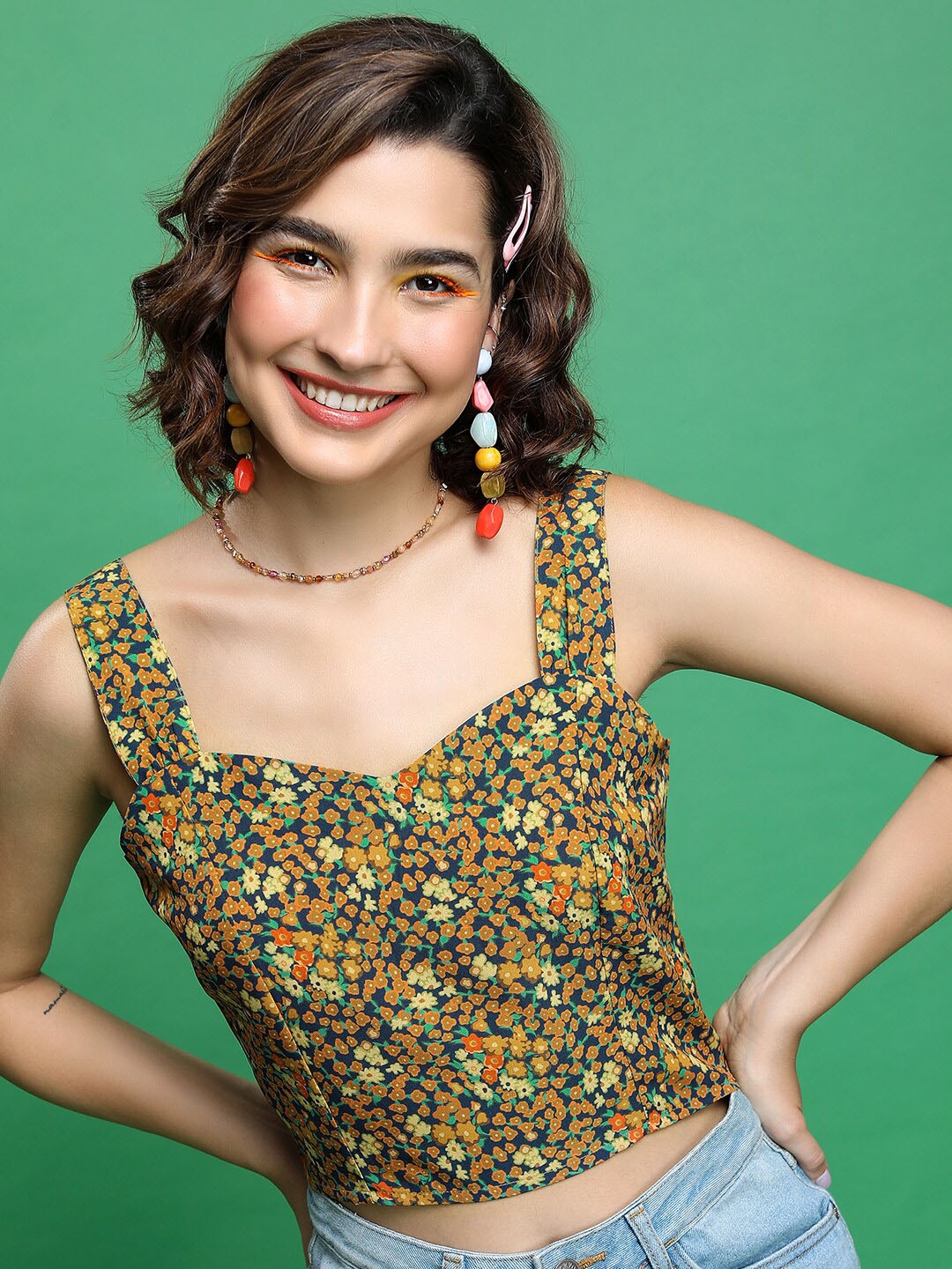 Buy Ketch Floral Printed Shoulder Straps Sleeveless Smocked Crop Top