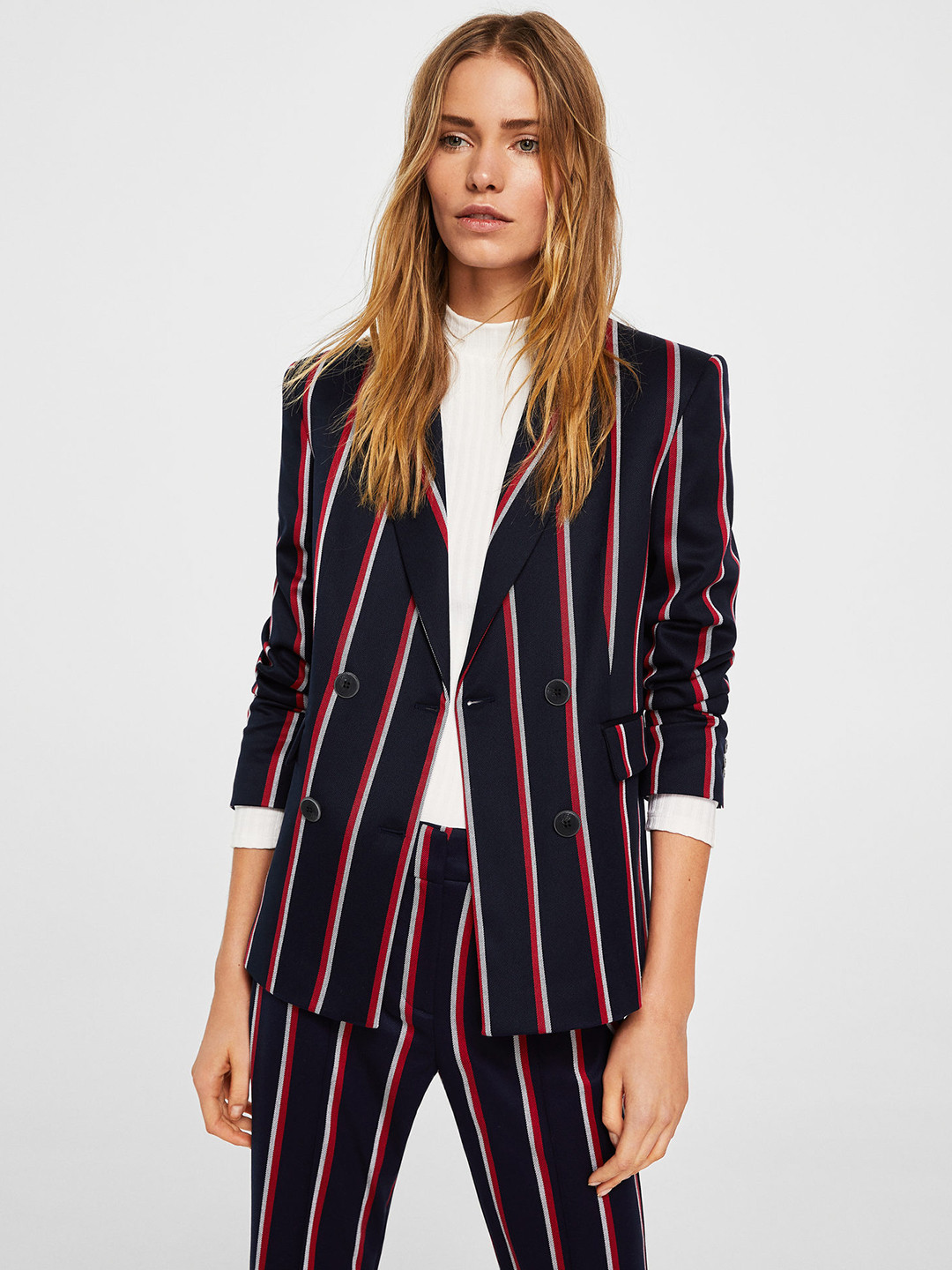 Buy MANGO Navy & Red Striped Double Breasted Blazer - Blazers for Women ...