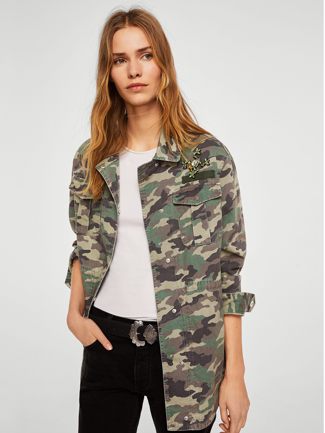 Buy MANGO Women Olive Green & Brown Camouflage Print Parka Jacket ...