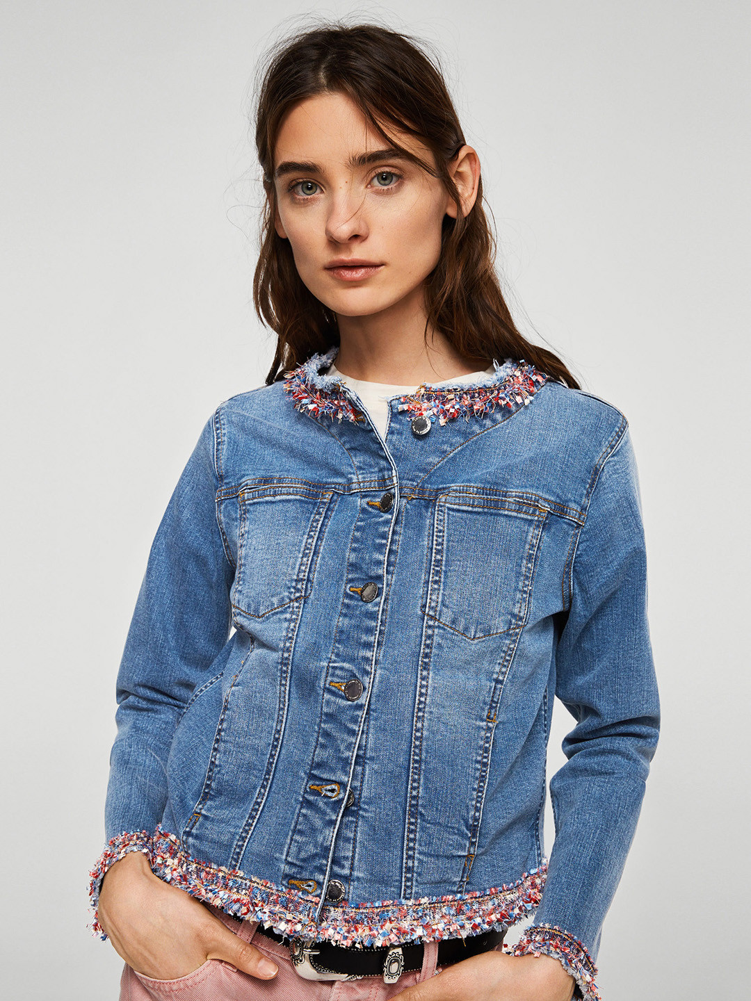 Buy MANGO Women Blue Solid Collarless Denim Jacket - Jackets for Women ...