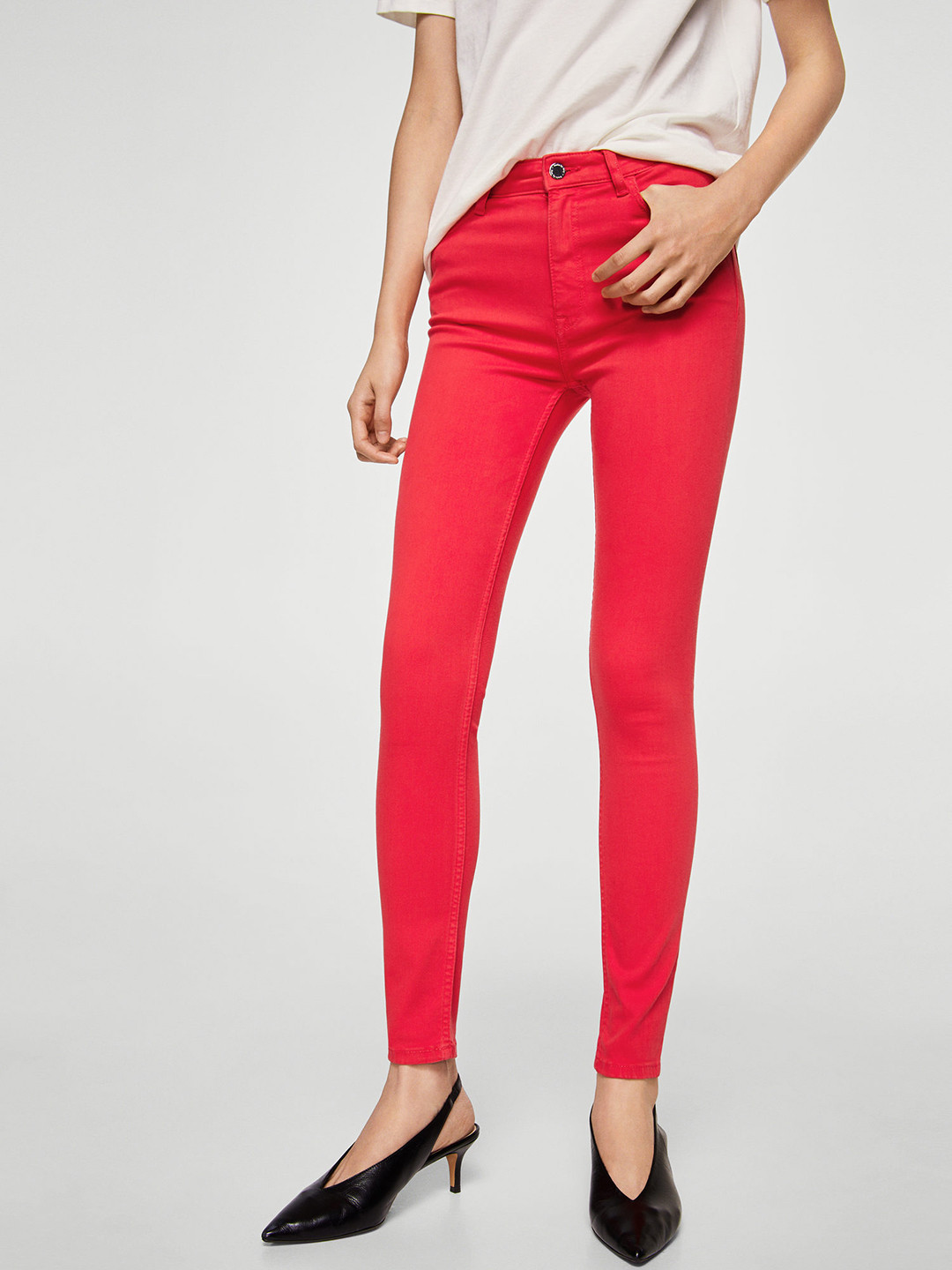 Buy MANGO Women Coral Red Skinny Fit High Rise Clean Look Stretchable ...