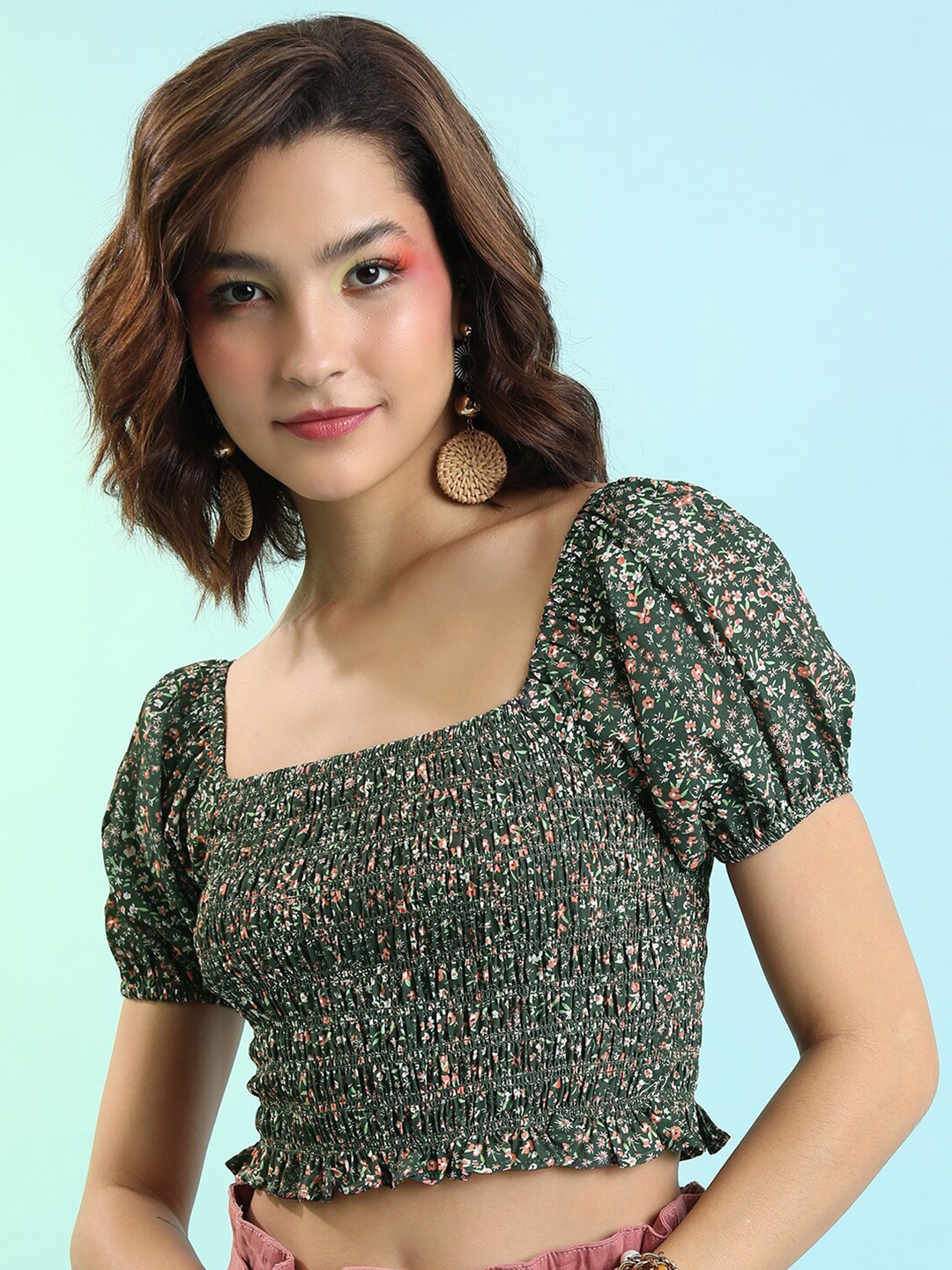 Buy Ketch Floral Printed Square Neck Puff Sleeves Smocked Crop Top