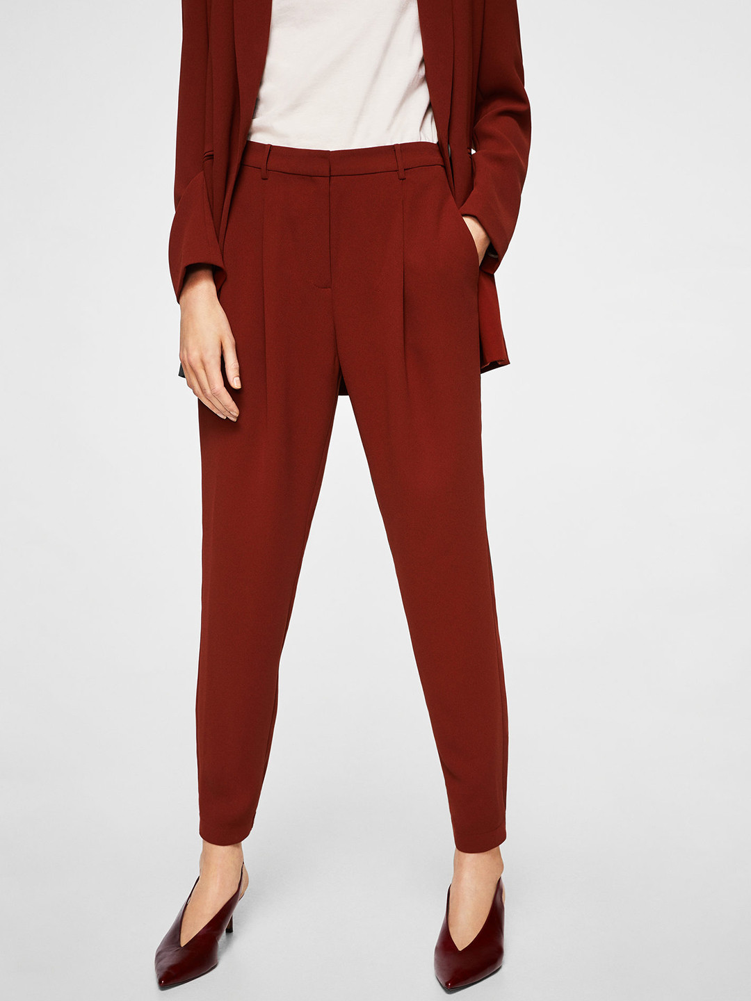 Buy MANGO Women Rust Red Regular Fit Solid Trousers - Trousers for ...