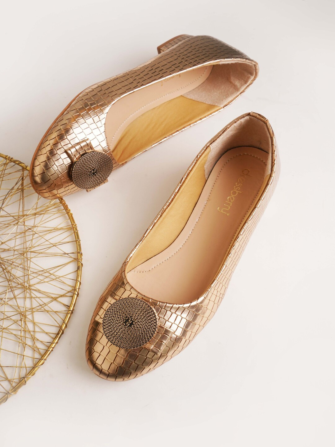 Buy DressBerry Rose Gold Textured Ballerinas With Embellished Bows ...