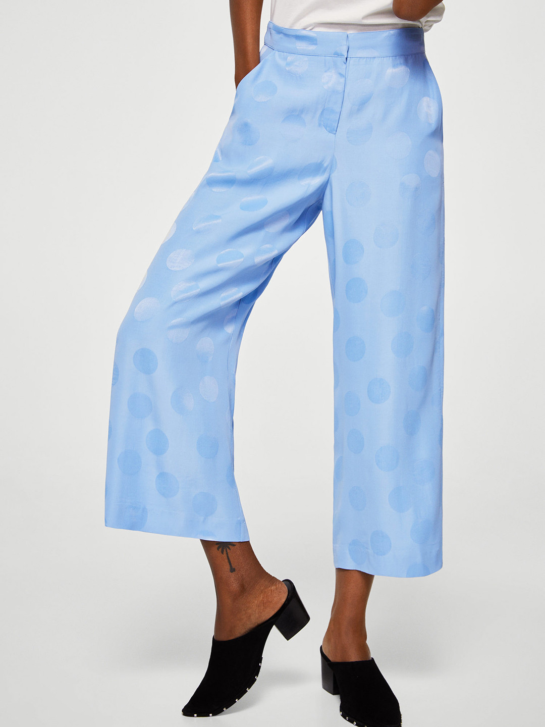 Buy MANGO Women Blue Regular Fit Self Design Parallel Trousers ...