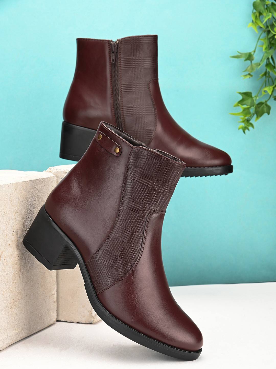 Buy DressBerry Women Maroon Textured Heeled Mid Top Chunky Boots ...