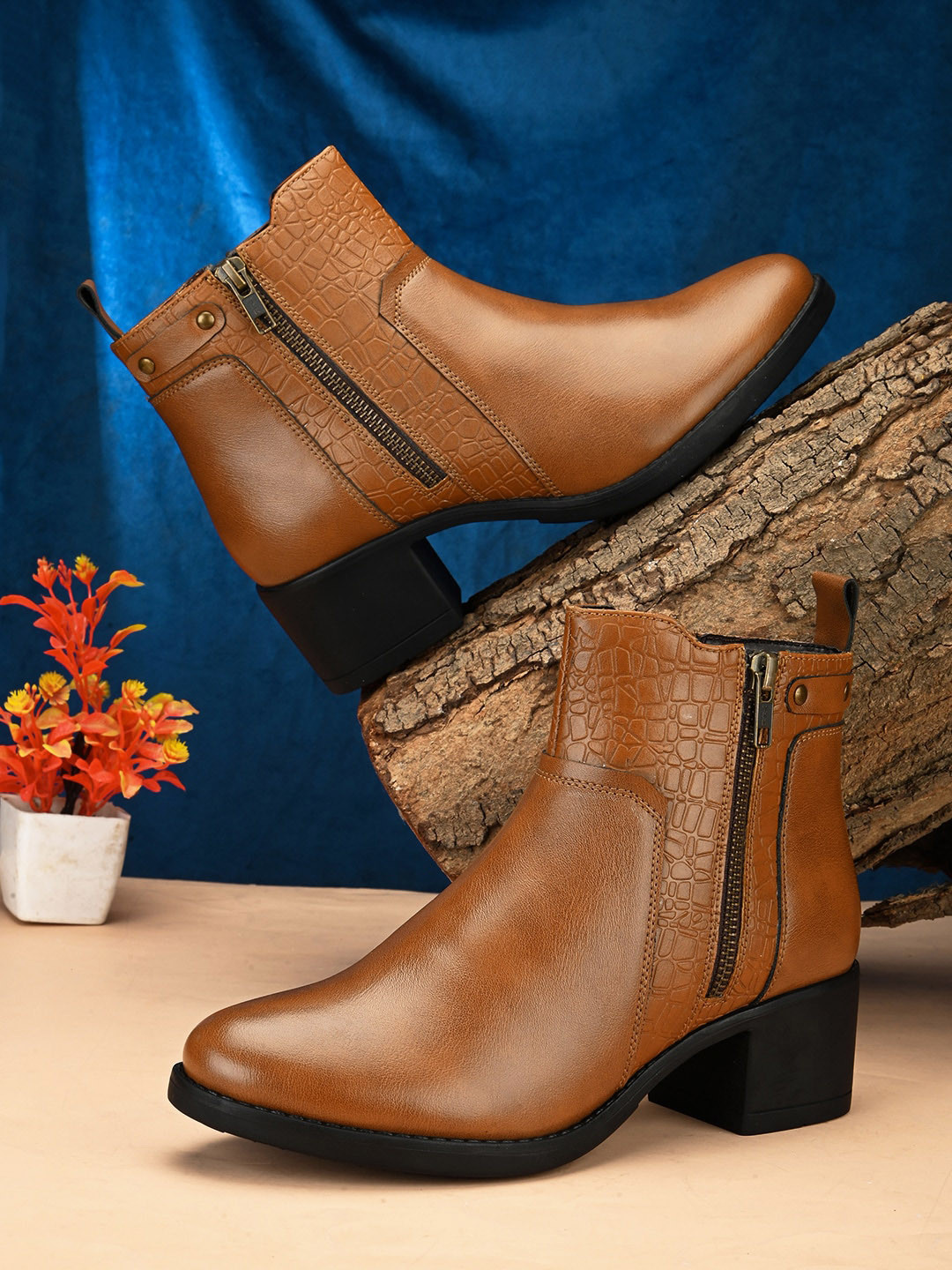 Buy DressBerry Women Tan Brown Mid Top Textured Block Heeled Regular ...