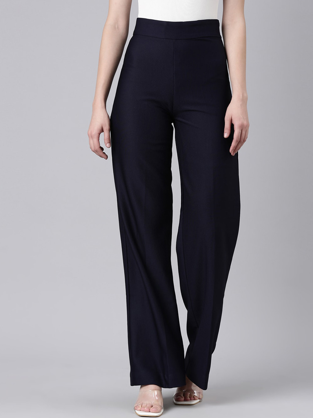 Buy SHOWOFF Women Straight Fit Wrinkle Free Cotton Parallel Trousers ...