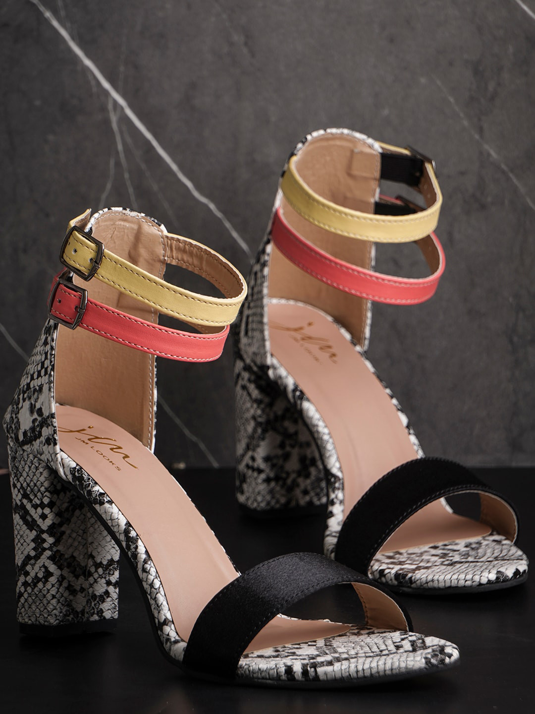 Buy JM Looks Textured Open Toe Block Heels With Ankle Loop - Heels for ...