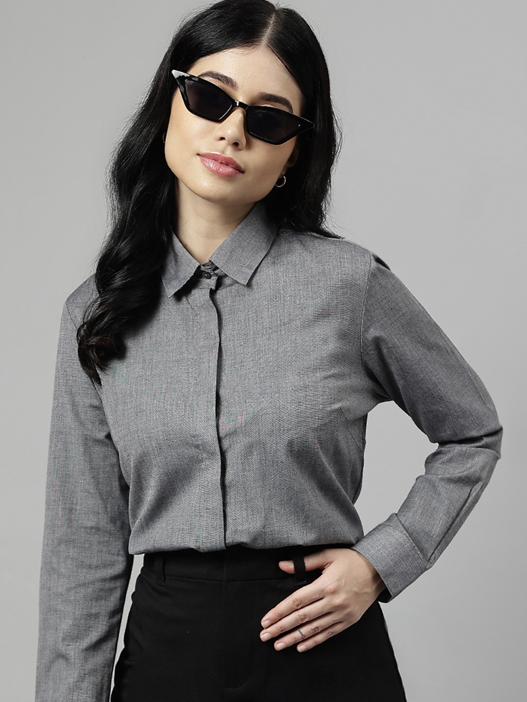 Buy English Navy Standard Spread Collar Concealed Button Placket Cotton ...