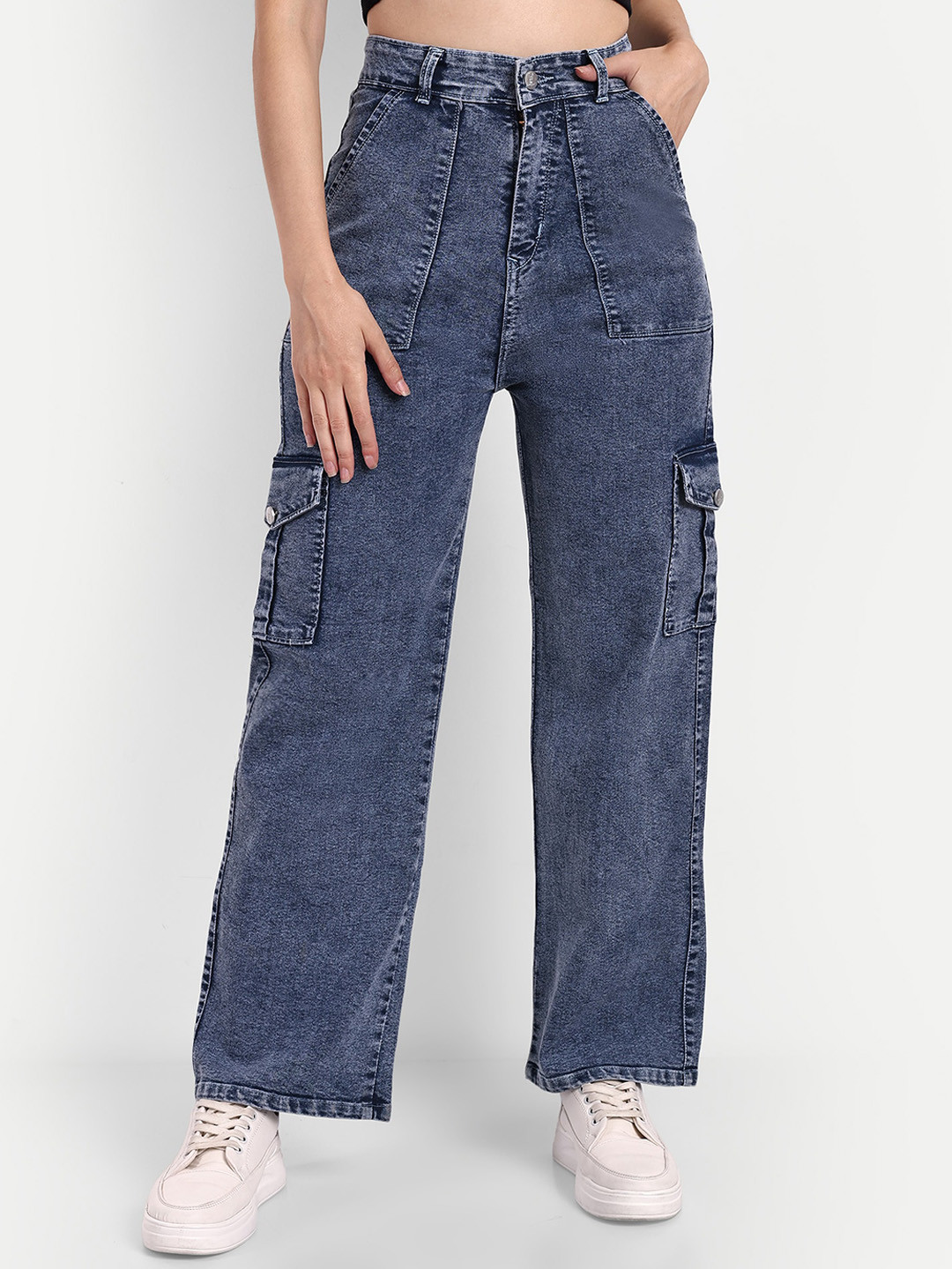 Buy BROADSTAR Women Smart Wide Leg High Rise Clean Look Heavy Fade ...