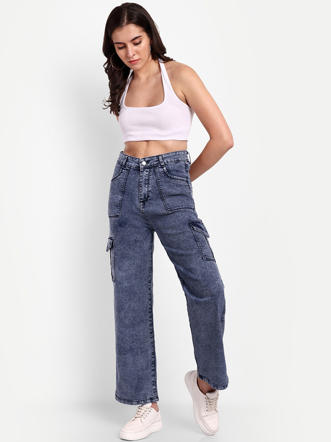 Buy BROADSTAR Women Smart Wide Leg High Rise Clean Look Heavy Fade ...