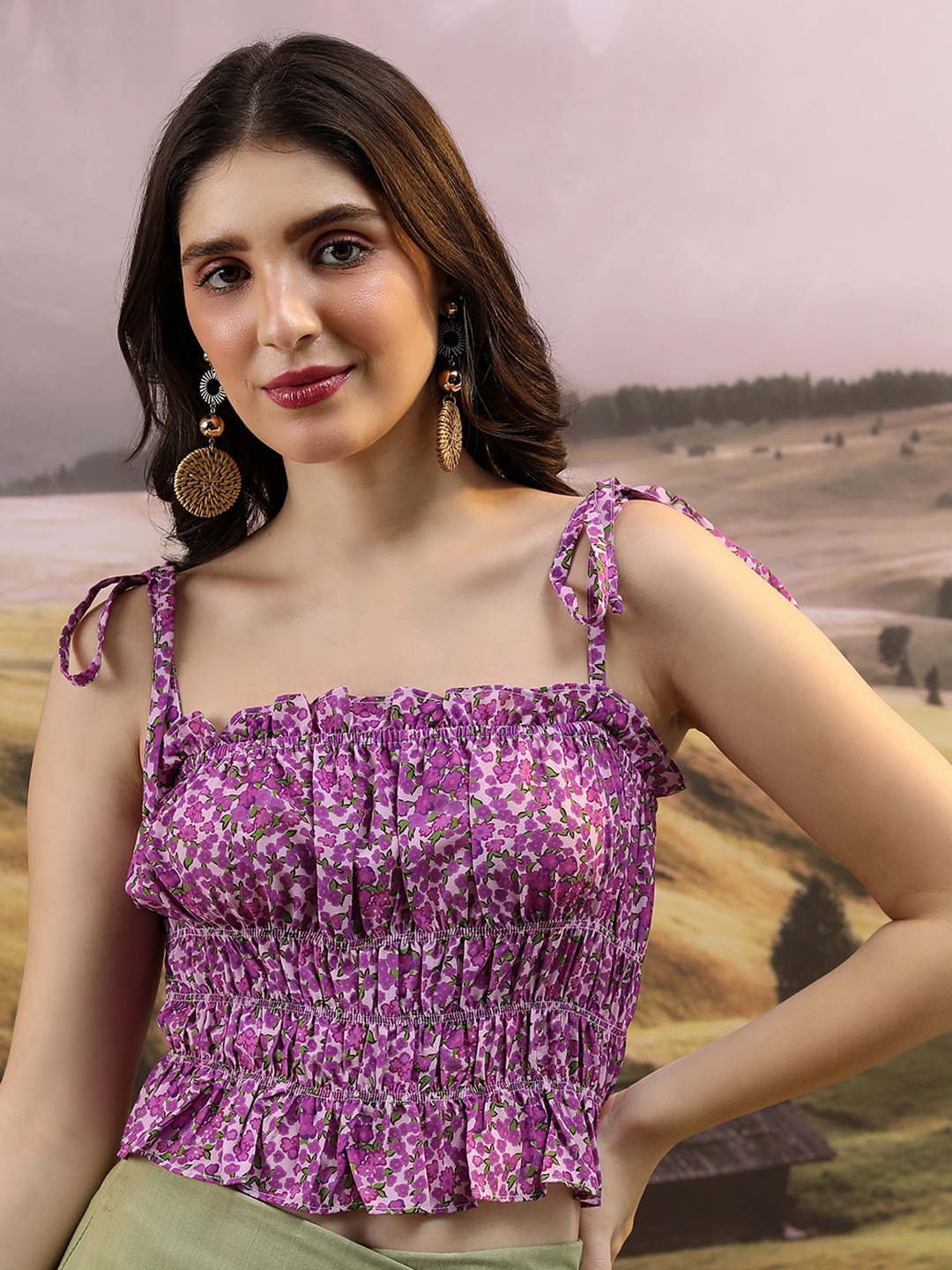 Buy Ketch Pink Floral Printed Shoulder Straps Fitted Crop Top Tops
