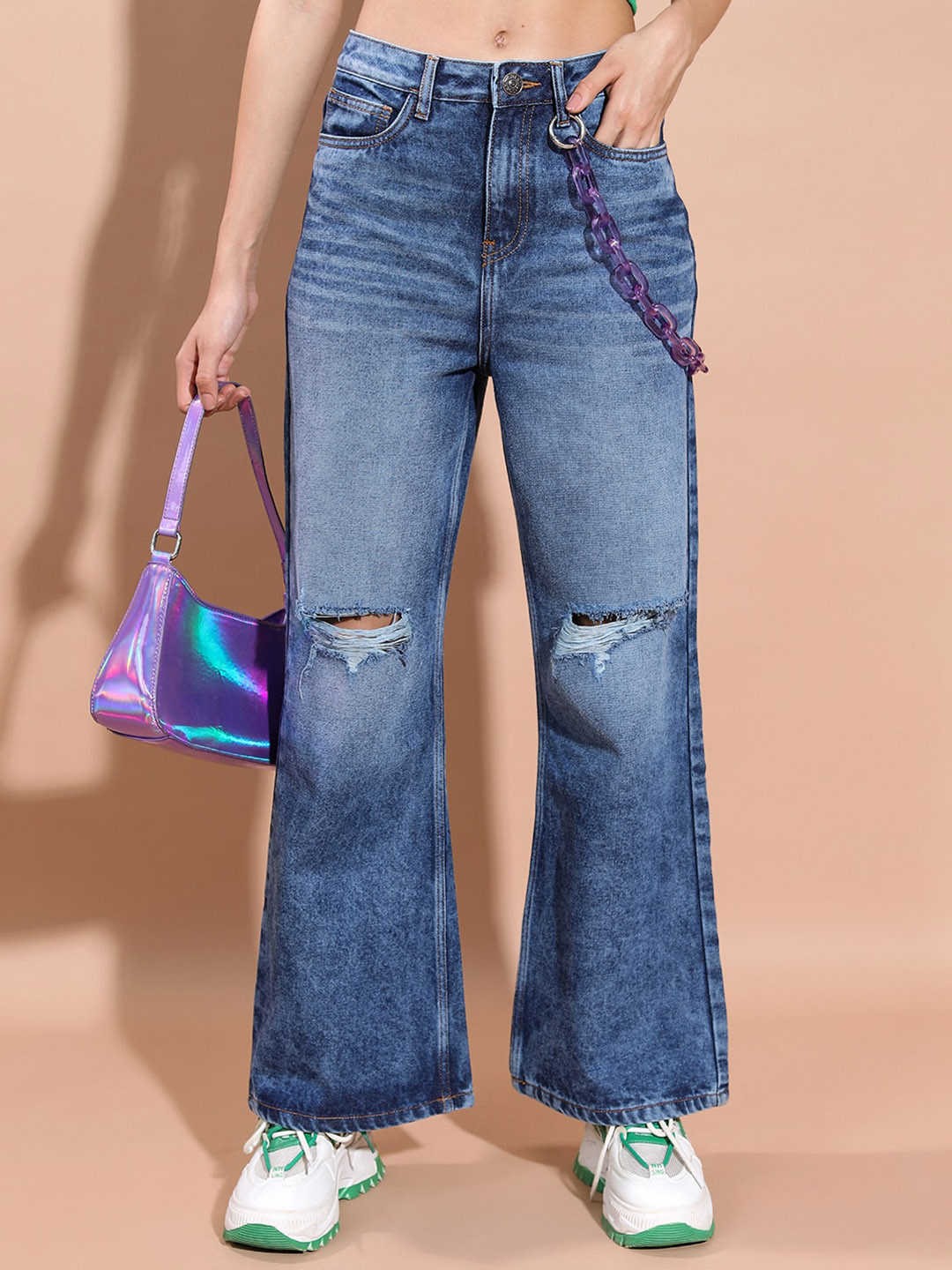 Buy Tokyo Talkies Women Wide Leg Slash Knee Heavy Fade Stretchable ...