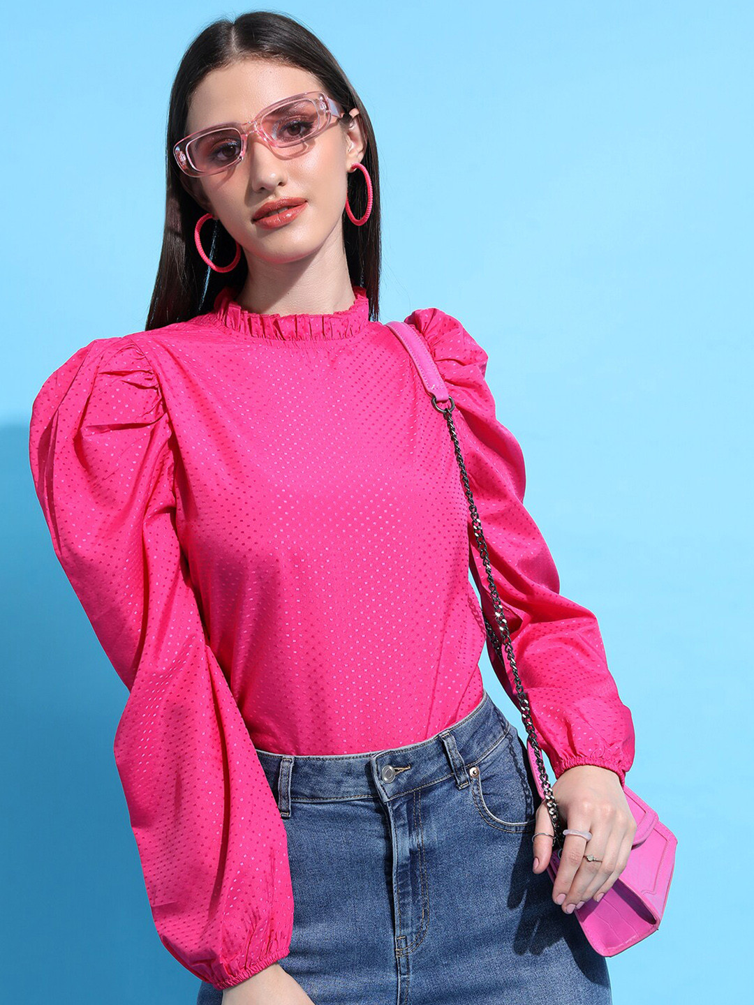 Buy Tokyo Talkies Pink High Neck Bishop Sleeves Ruffle Spangled Top ...