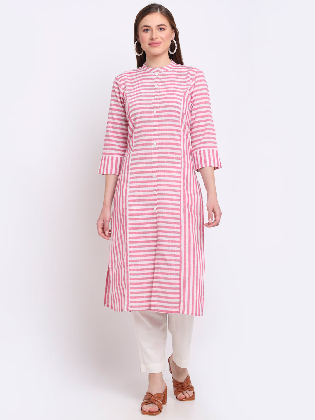 Buy LARGISH Striped Band Collar Pure Cotton Straight Kurta With Trouser ...