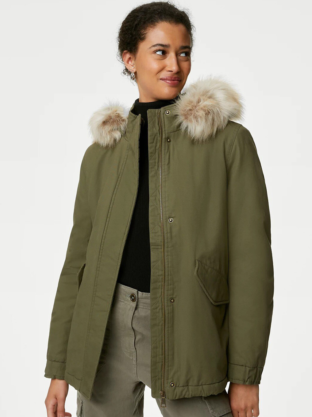Buy Marks & Spencer Hooded Faux Fur Trim Pure Cotton Parka Jacket ...
