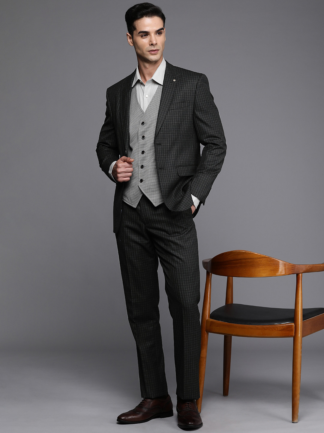 Buy Louis Philippe Slim Fit Checked Single Breasted 3 Piece Formal ...