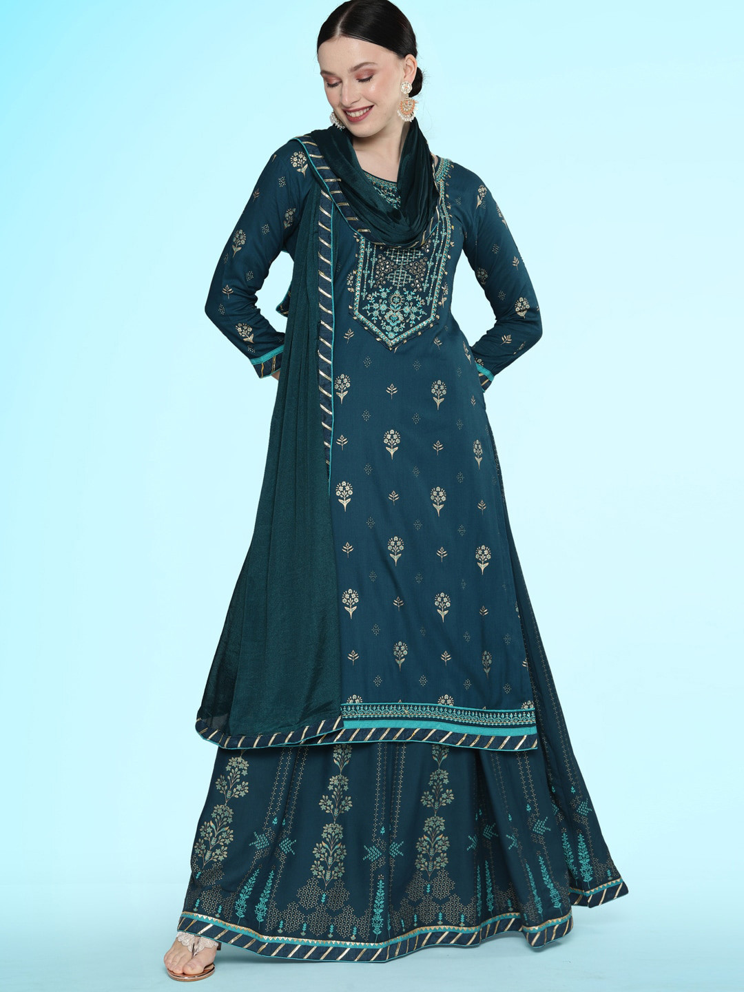Buy Sangria Green Ethnic Motifs Printed Sequined Foil Straight Kurta With Skirt & Dupatta Set ...