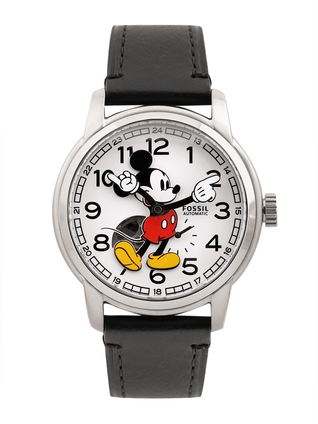 Buy Fossil Unisex Mickey Mouse Printed Leather Automatic Motion Powered ...