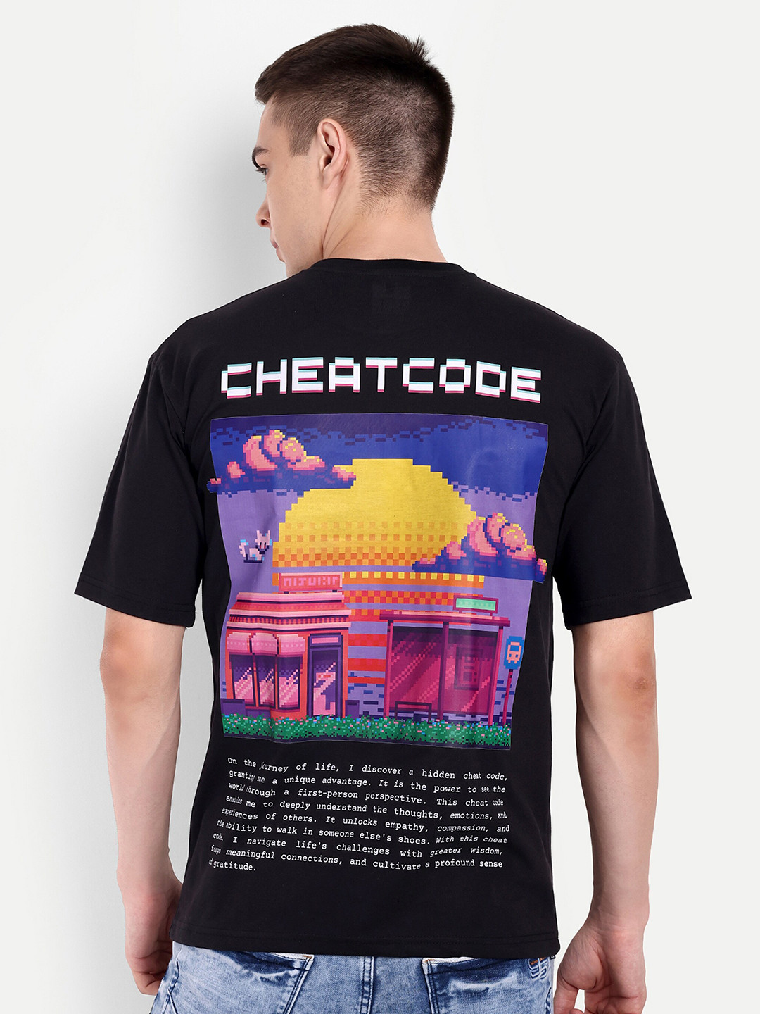 Buy BLURR Cheat Code Graphic Printed Pure Cotton Oversized T Shirt ...