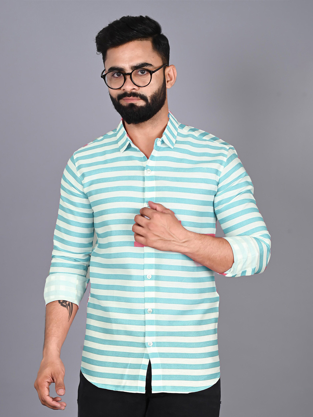 Buy FUBAR Slim Fit Horizontal Striped Spread Collar Long Sleeves Casual ...