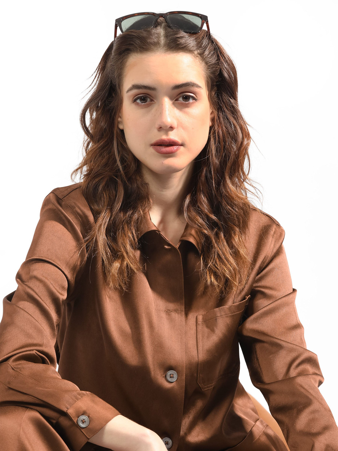 Buy RAREISM Spread Collar Boxy Satin Shacket - Shackets for Women ...