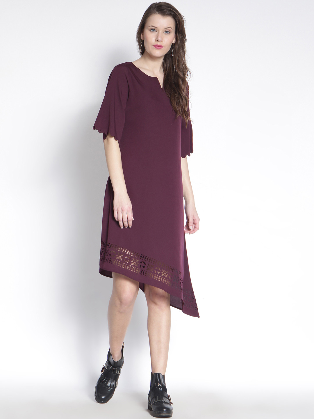 Buy RARE ROOTS Women Wine Red Solid A Line Dress - Dresses for Women ...