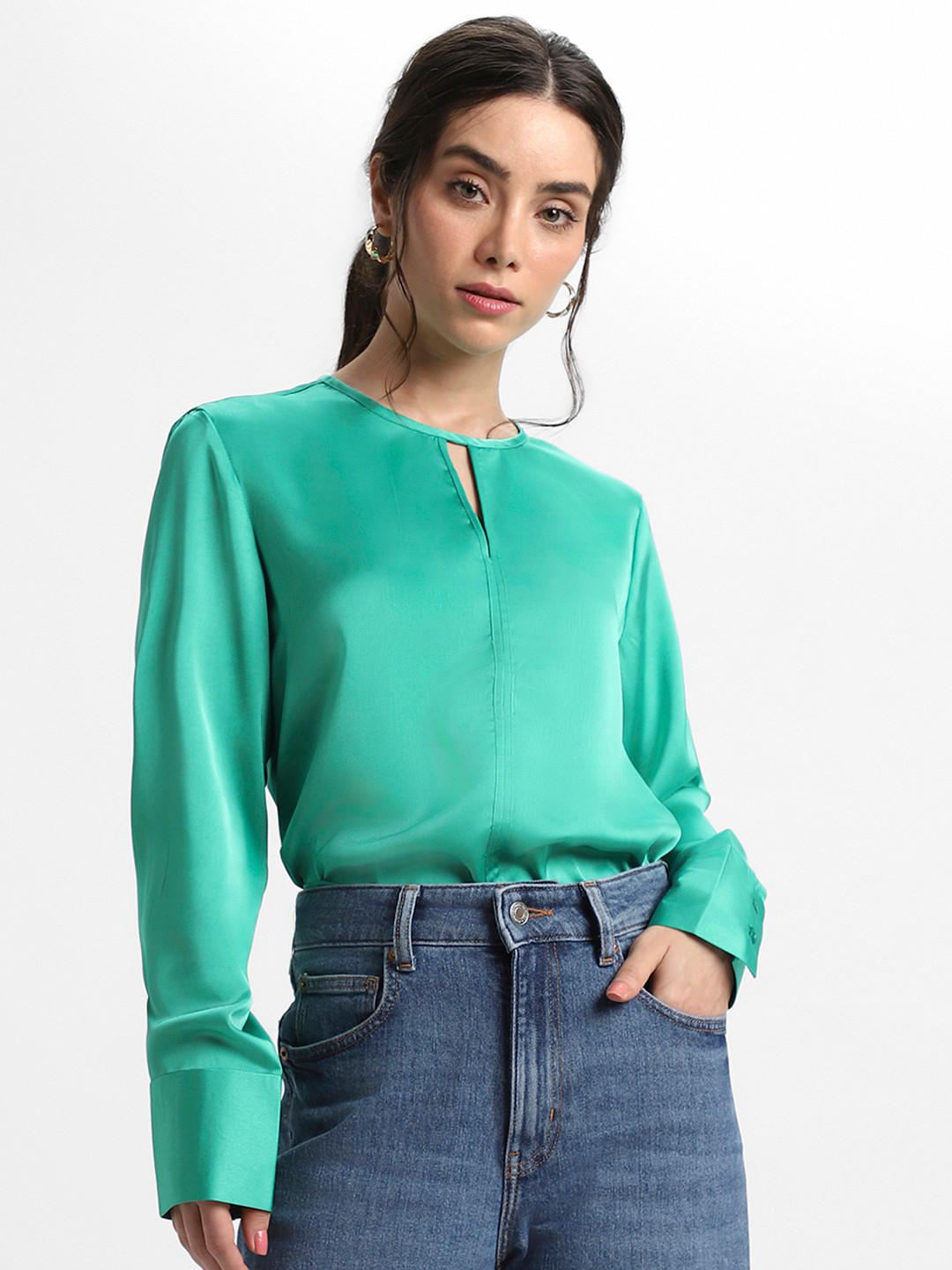 Buy DL Woman Keyhole Neck Cuffed Sleeves Satin Top - Tops for Women ...