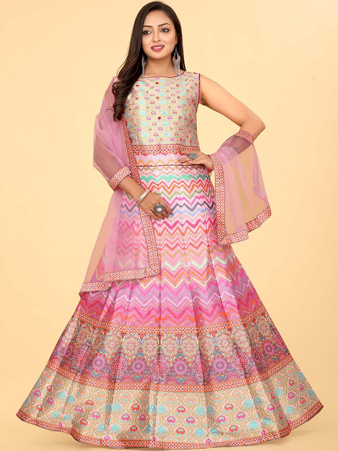 Buy EthnicTree Printed Silk Maxi Gown With Dupatta - Ethnic Dresses for ...