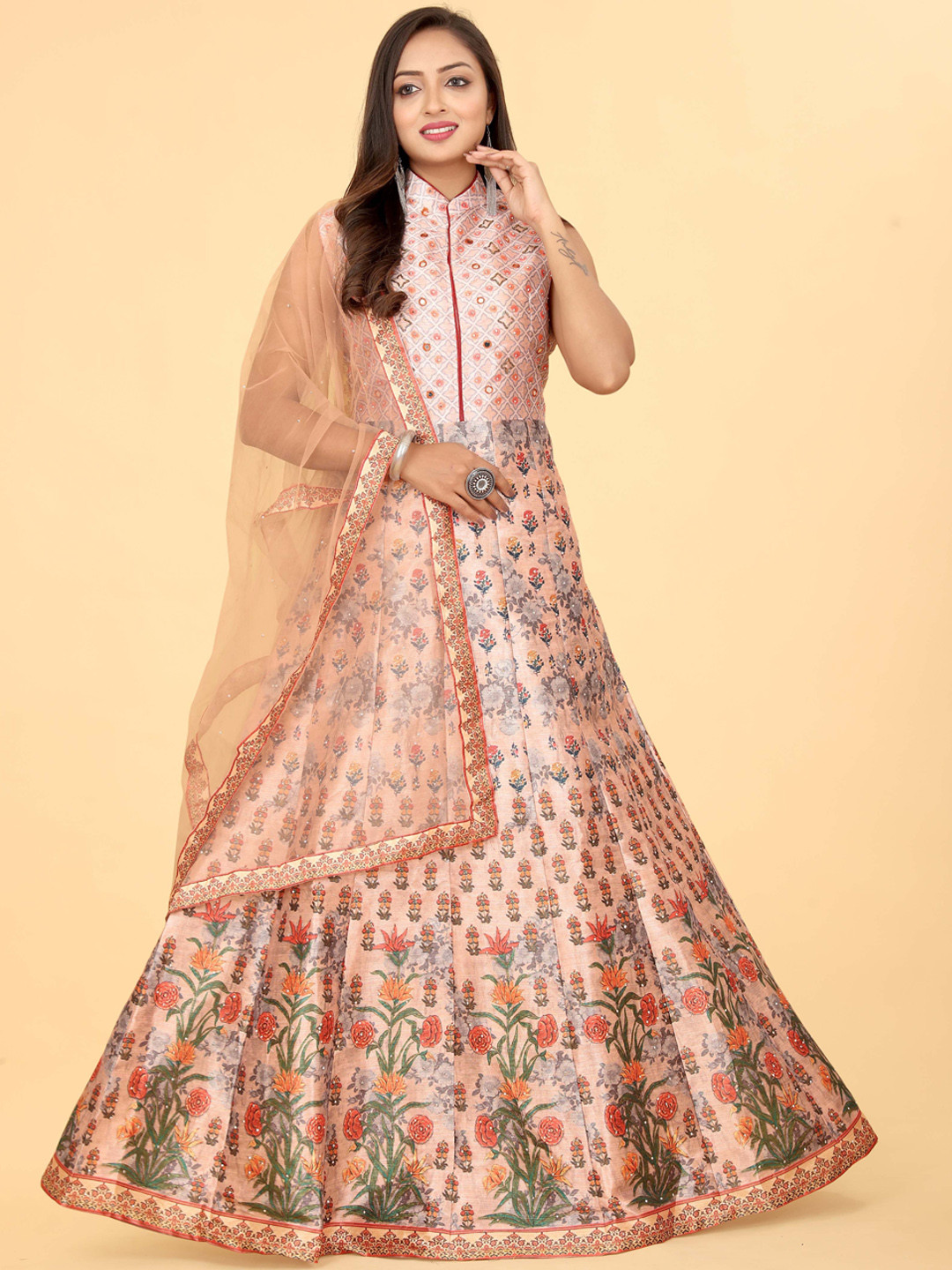 Buy EthnicTree Floral Printed Silk Maxi Gown Ethnic Dress With Dupatta ...