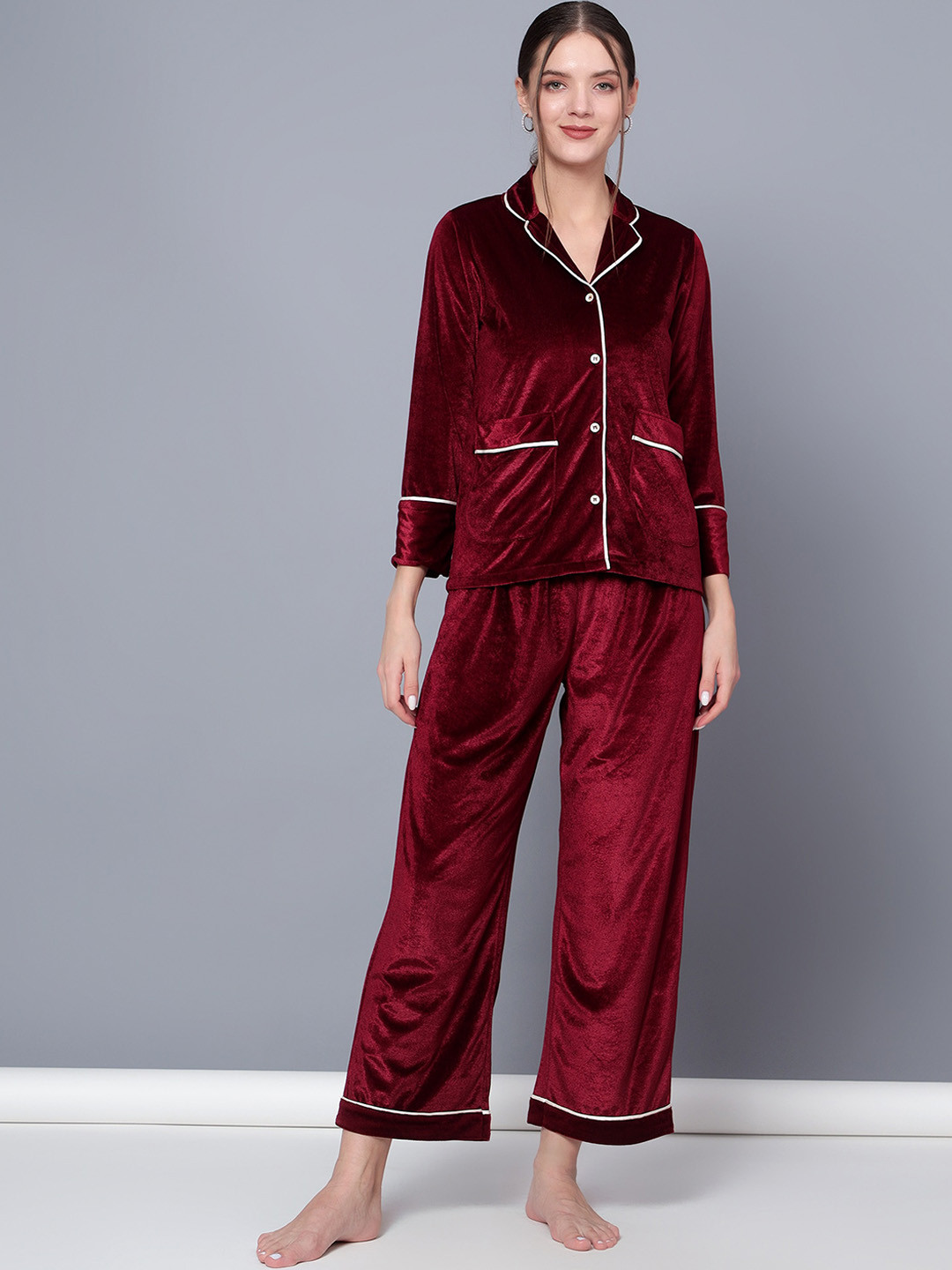 Buy Golden Kite Lapel Collar Velvet Night Suit - Night Suits for Women ...