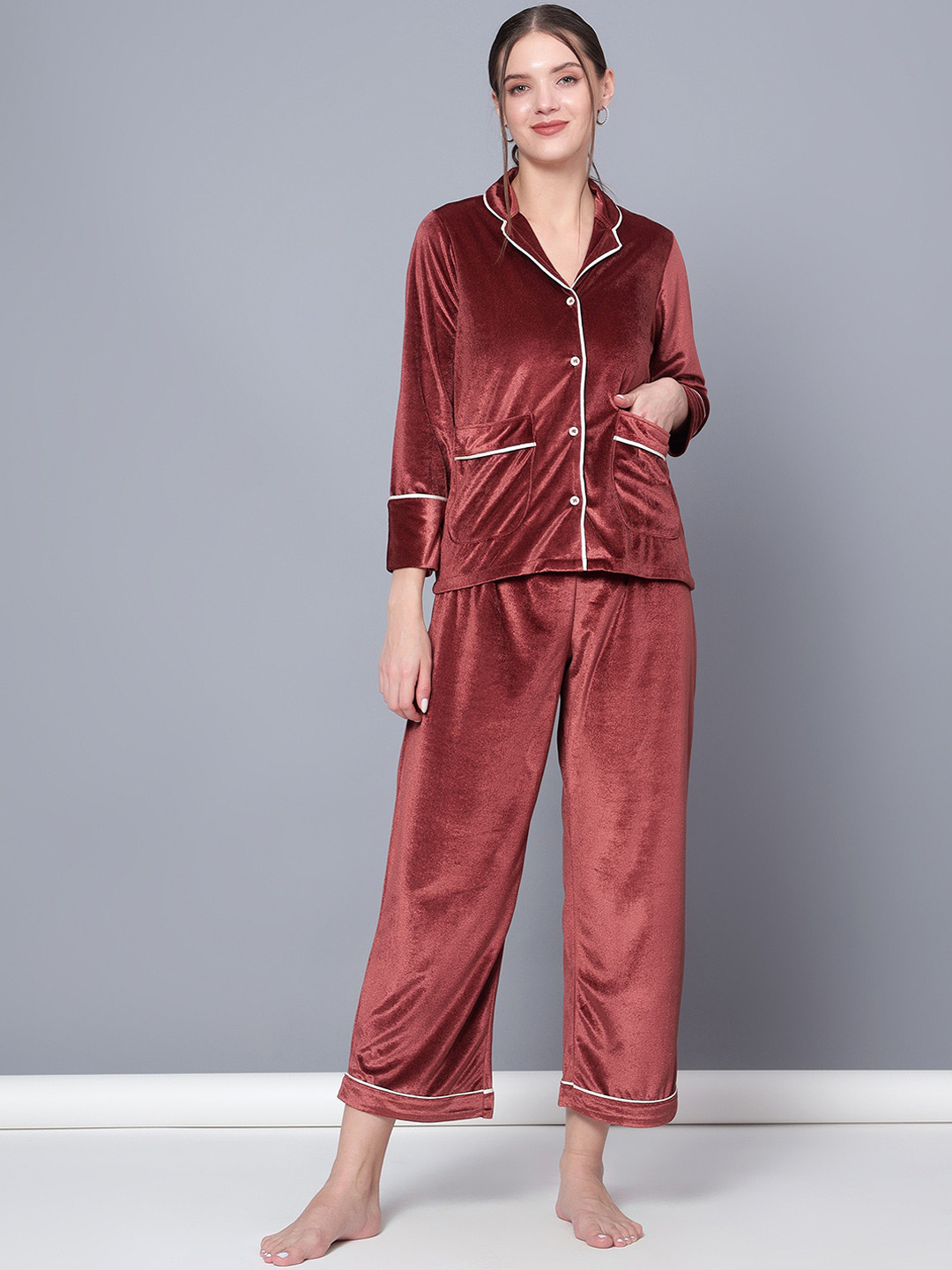 Buy Golden Kite Lapel Collar Velvet Night Suit - Night Suits for Women ...