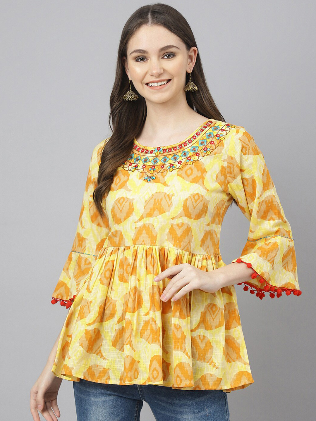 Buy JAIPUR ATTIRE Ethnic Motifs Printed Gathers Cotton Tunic - Tunics ...