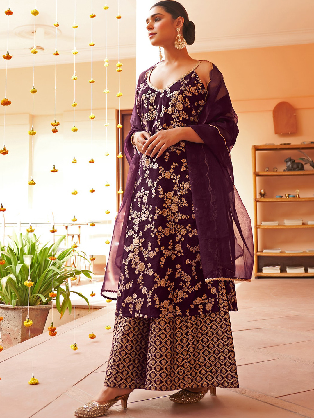 Buy Janasya Women Floral Brocade Woven Design Shoulder Straps Kurta ...