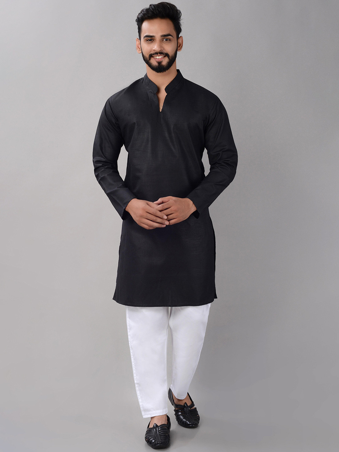 Buy VILLAIN Mandarin Collar Long Sleeve Cotton Straight Kurtas - Kurtas ...